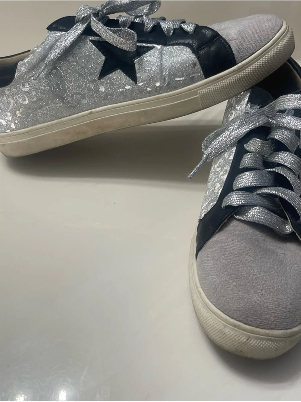 Shoes | Silver Leopard Print Star Sneakers With Black Trim | Poshmark